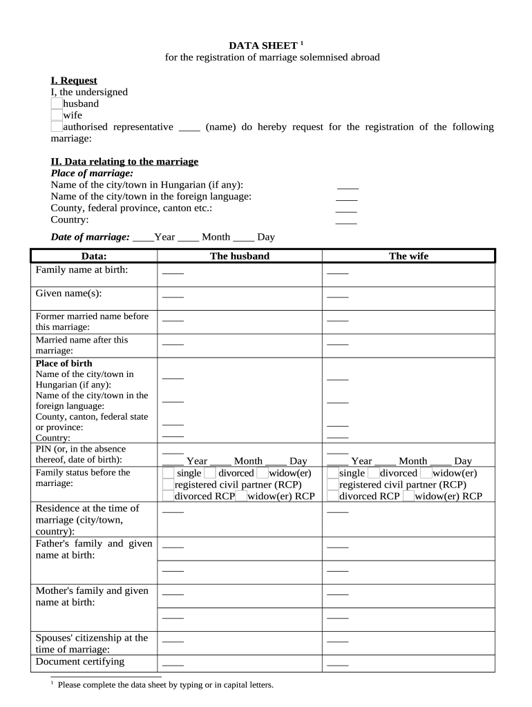 DATA SHEET For The Registration Of Marriage Solemnised Doc Template PdfFiller