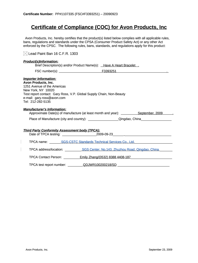 Certificate of Compliance (COC) for Avon ... - Your Avon Doc Template ...