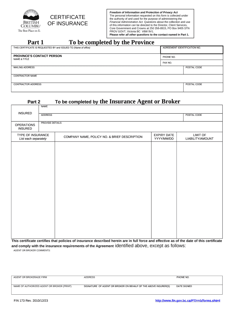 Certificate of Insurance - British Columbia Doc Template | pdfFiller