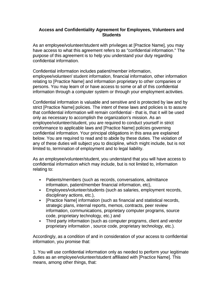 Confidentiality Agreement Employee/Volunteer/Student Doc Template ...
