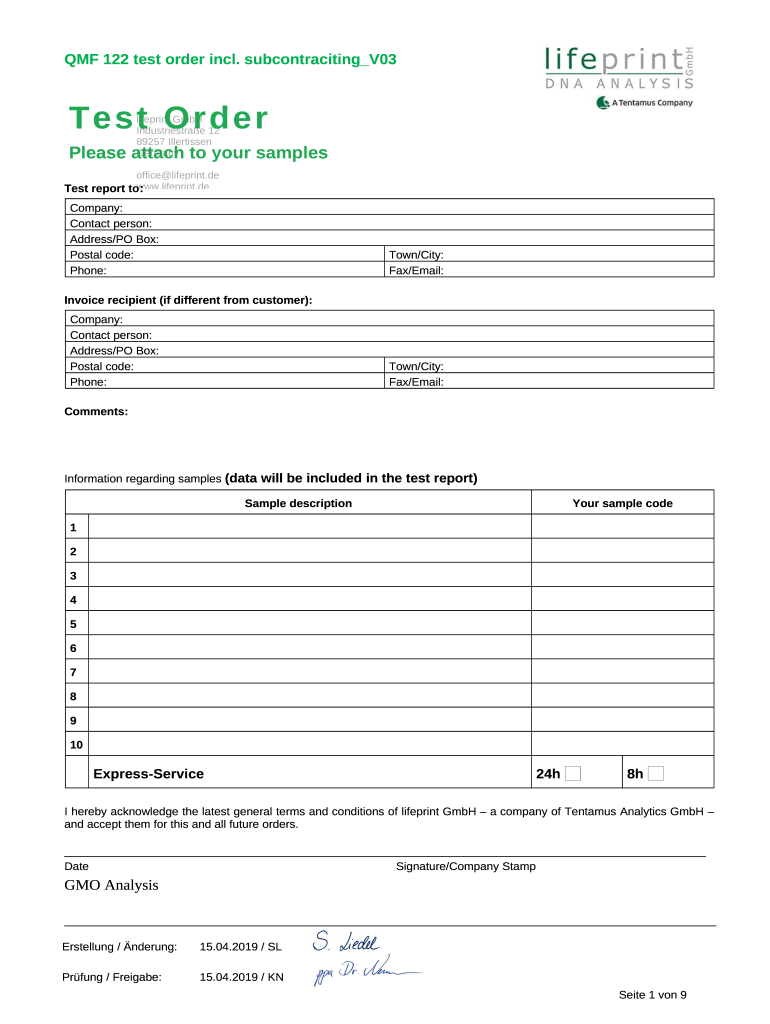 Test Order incl. Subcontracting - lifeprint DNA analysis Doc Template ...