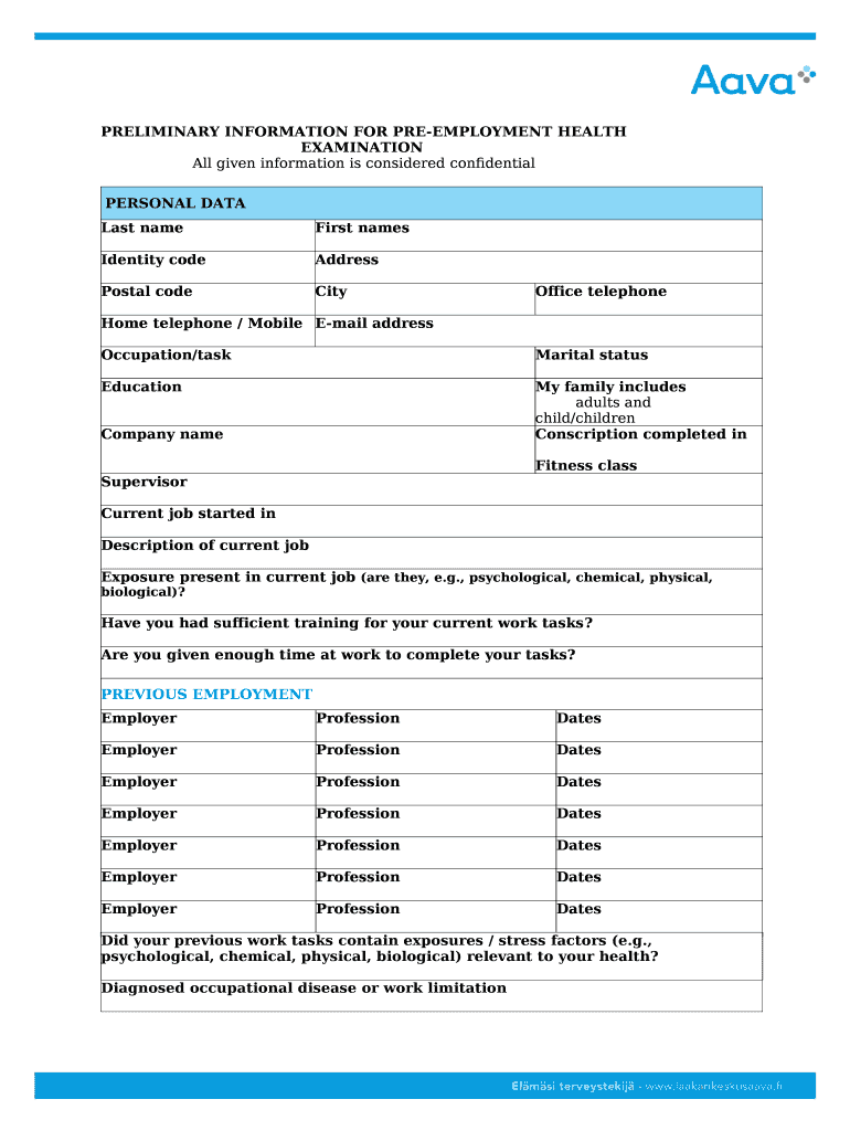 PRELIMINARY INATION FOR PRE-EMPLOYMENT HEALTH EXAMINATION Doc Template ...
