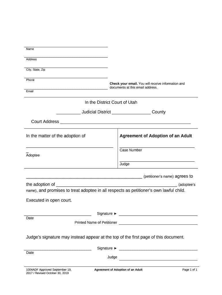 Agreement of Adoption of an Adult - Utah Courts Doc Template | pdfFiller