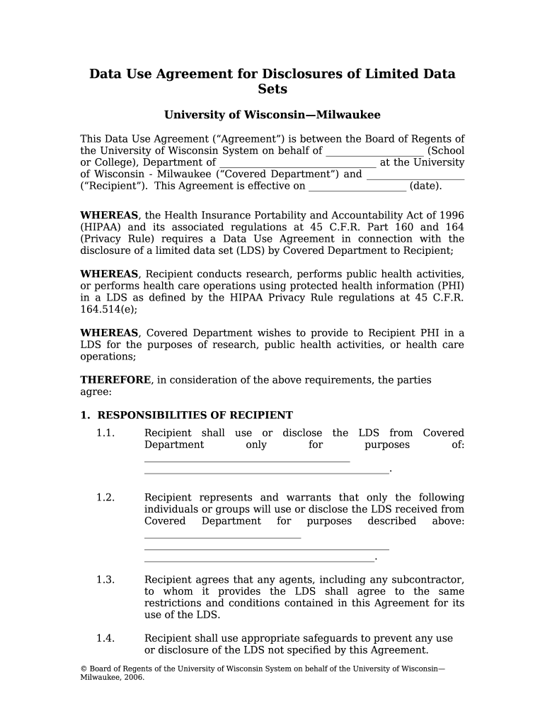 Data Use Agreement for Disclosures of Limited Data Sets Doc Template ...