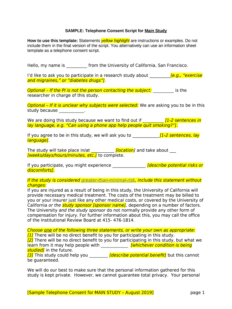 SAMPLE: Telephone Consent Script for Main Study Doc Template | pdfFiller