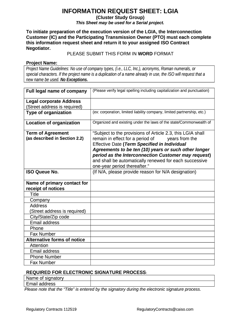Large Generator Interconnection Agreement Ination Request Sheet Doc ... Large Generator Interconnection Agreement Ination Request Sheet Doc ...