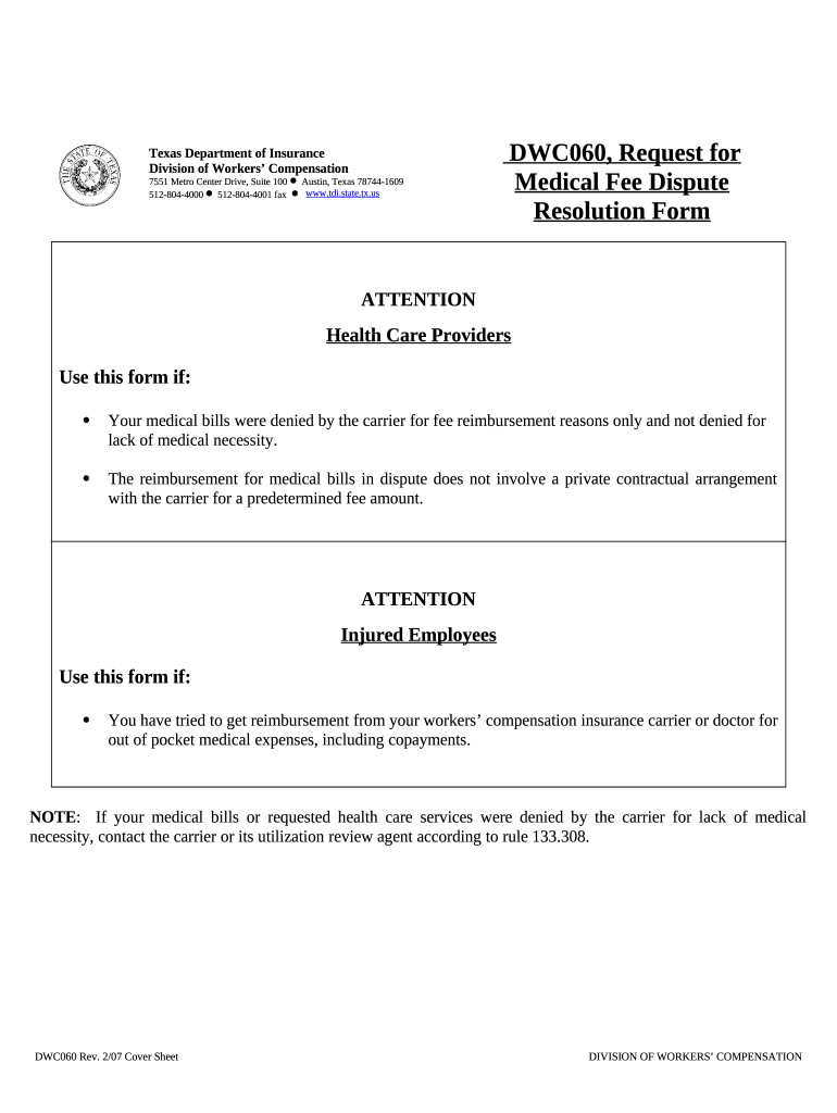 DWC060, Request for Medical Fee Dispute Resolution Doc Template | pdfFiller