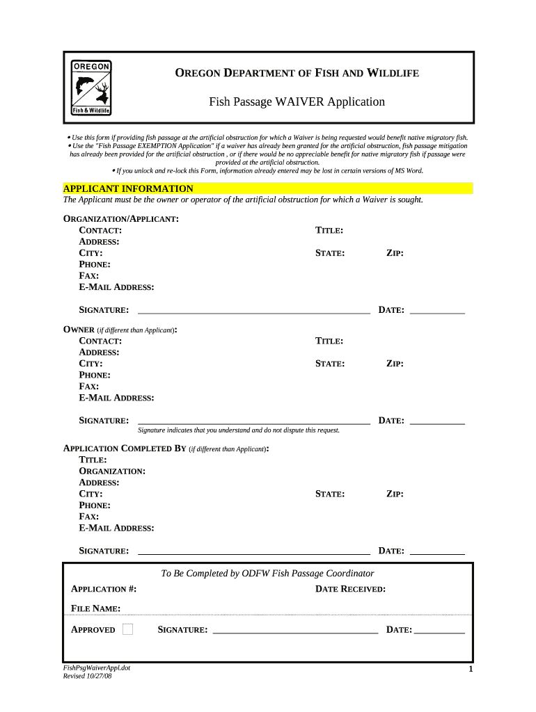 Fish Passage EXEMPTION Application - Oregon Department of ... Doc ...