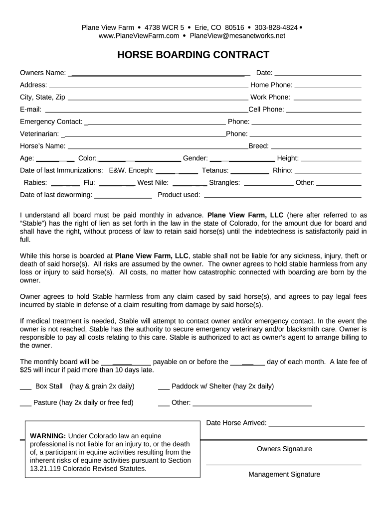 boarder/horse ination sheet - Diamond C Stables Doc Template | pdfFiller