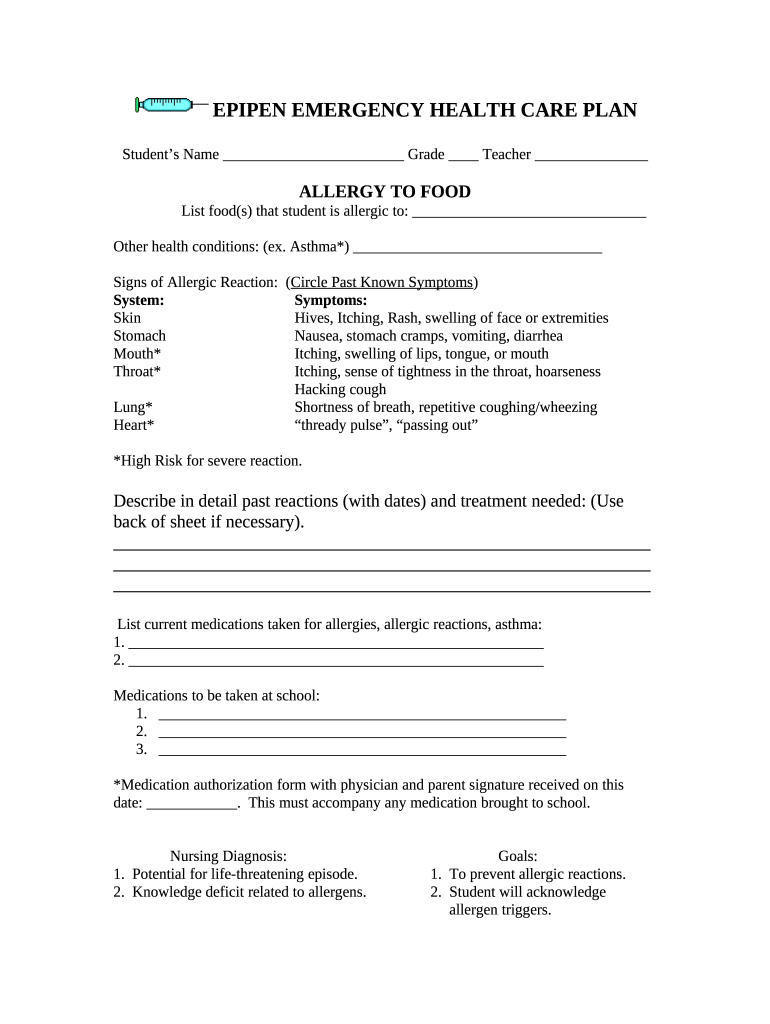 EMERGENCY HEALTH CARE PLAN Doc Template | pdfFiller