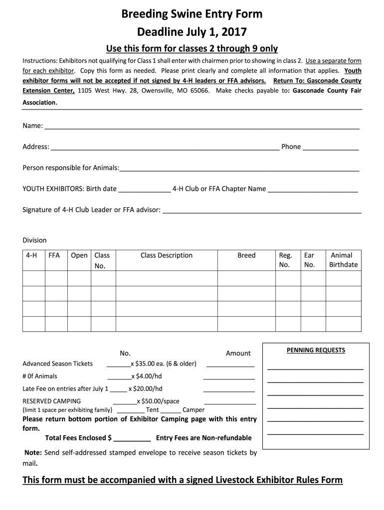 Fillable Online Fillable Online Breeding Swine Entry Form Fax Email ...