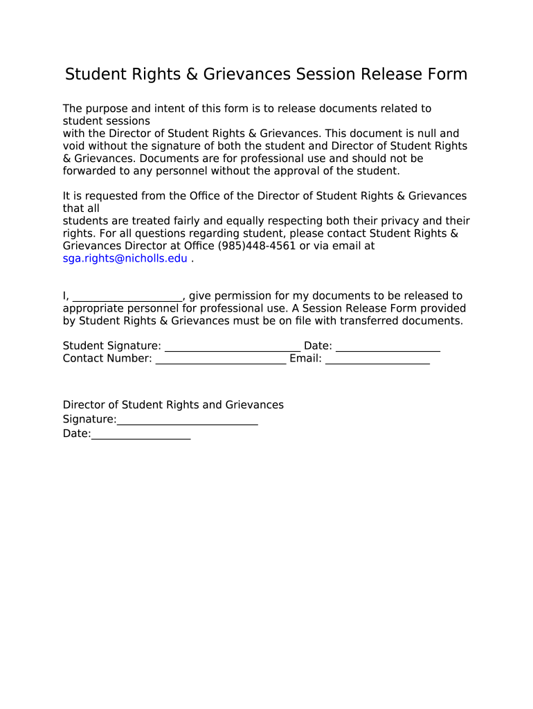 Student Rights & Grievances Session Release Doc Template | pdfFiller