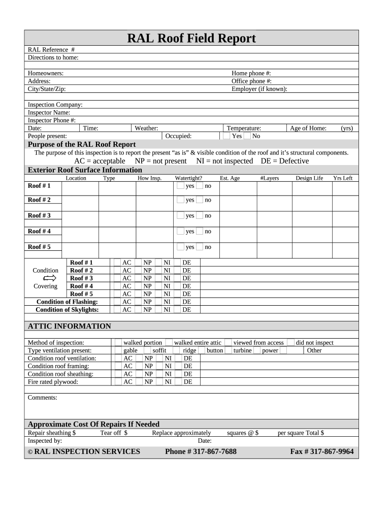 RAL Roof Field Report - RAL Inspection Services Doc Template | pdfFiller