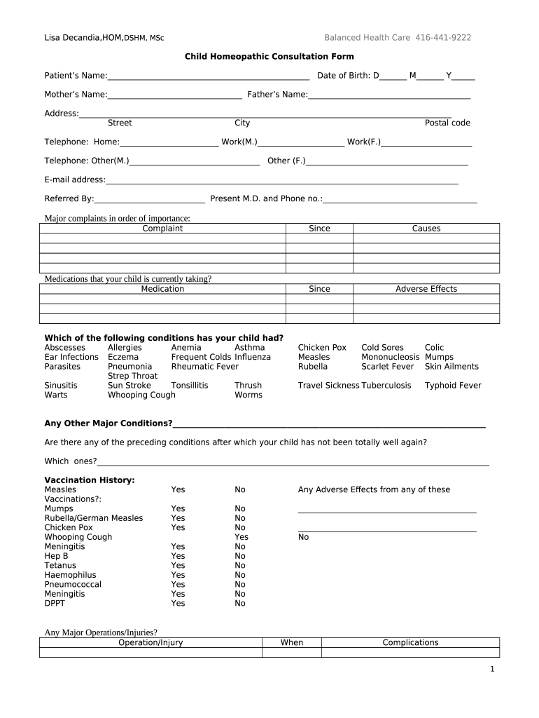 Child Homeopathic Consultation Doc Template | pdfFiller
