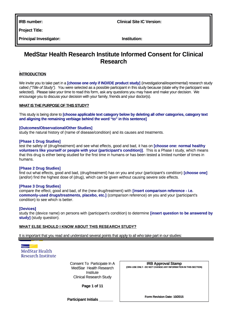 Ined Consent for Clinical Research - MedStar Health Doc Template | pdfFiller