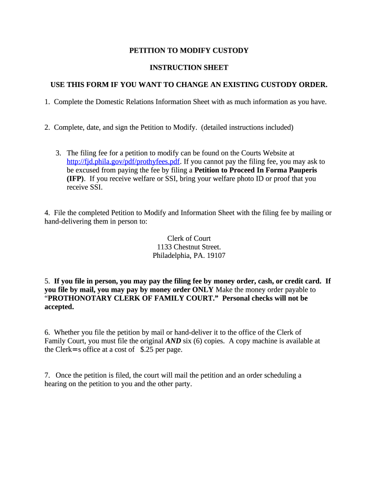 PETITION TO MODIFY CUSTODY INSTRUCTION SHEET ... Doc Template | pdfFiller