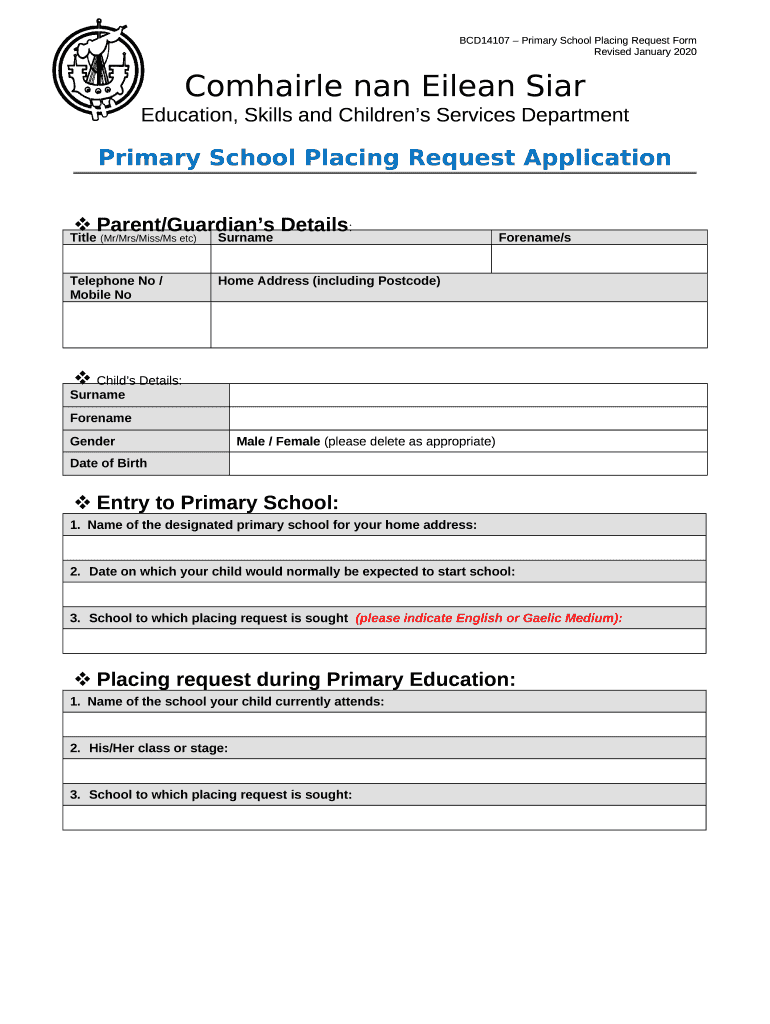 Primary School Placing Request Application. Primary School Placing Request Application Doc ...
