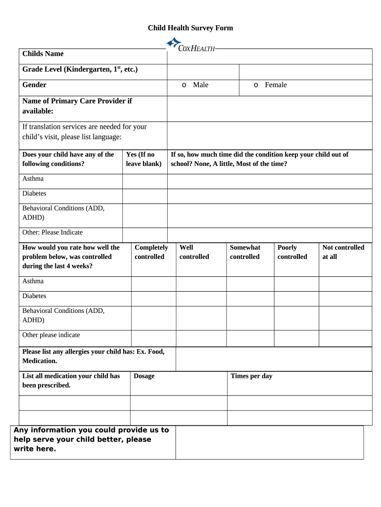Child Health Survey Grade Level (Kindergarten, 1st Doc Template | pdfFiller