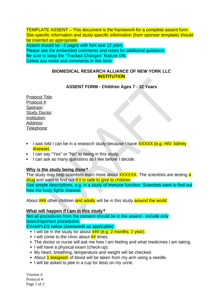 Assent for Minors Age 7-12 - BRANY Doc Template | pdfFiller