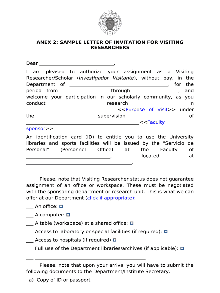 anex 2: sample letter of invitation for visiting researchers Doc ...