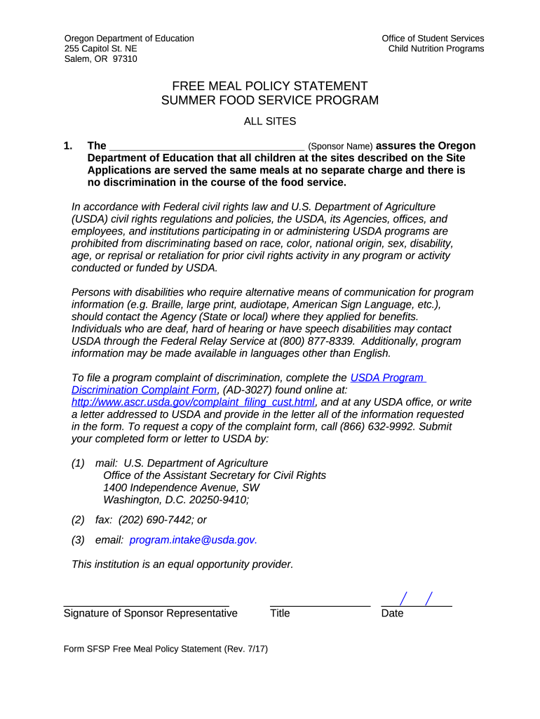 SFSP Policy Statement. Free Meal Policy Statement SFSP Packet Doc ...