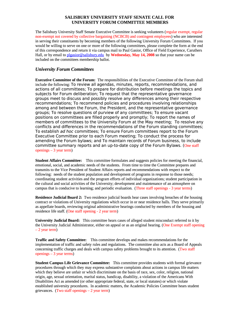 SALISBURY UNIVERSITY STAFF SENATE CALL FOR COMMITTEE MEMBERS Doc ...