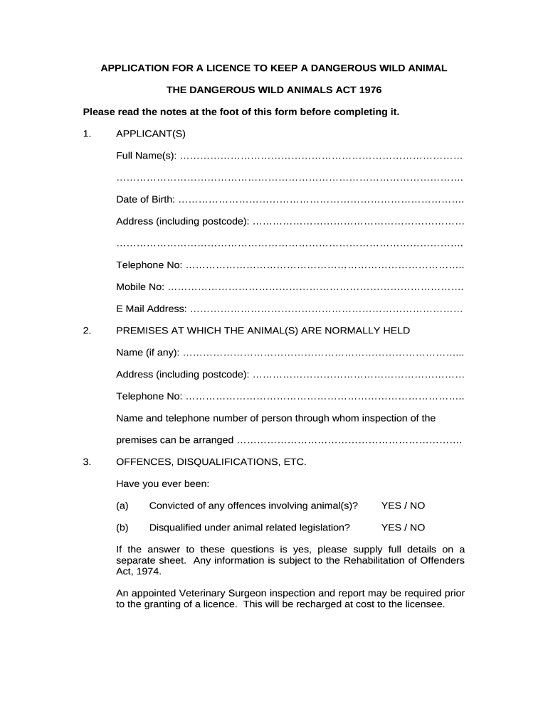 Licence application for dangerous wild animalsCoventry ... Doc Template | pdfFiller