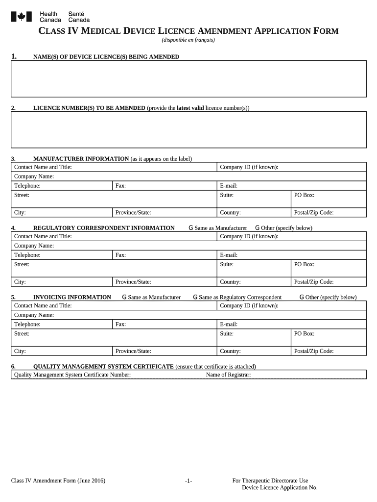 CLASS IV MEDICAL DEVICE LICENCE AMENDMENT APPLICATION Doc Template ...