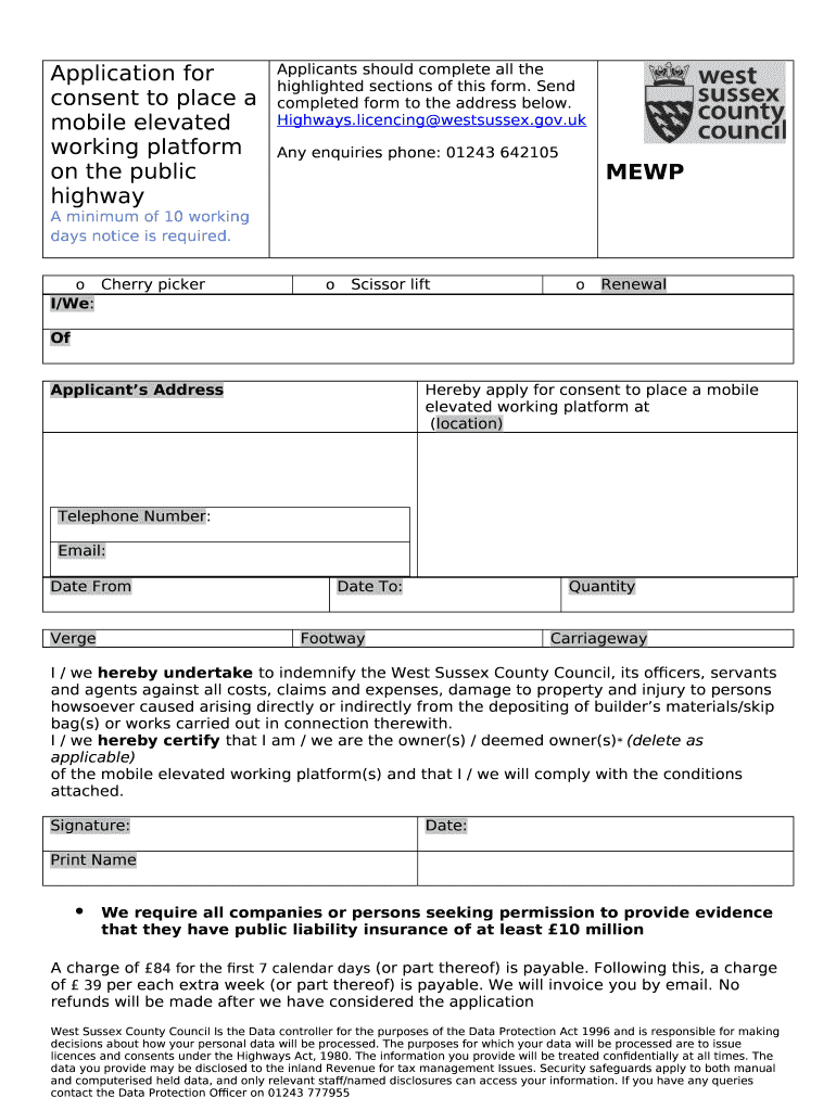 MEWP application . Application for consent to place a mobile elevated ...