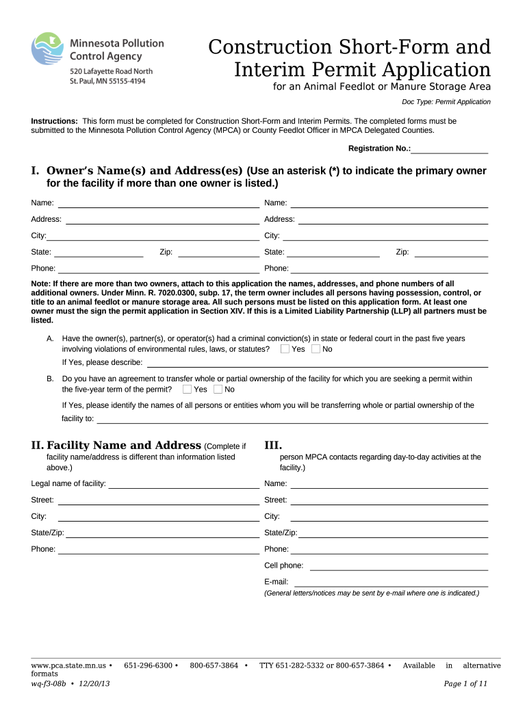 Feedlot Construction Short and Interim Permit Application Doc Template ...