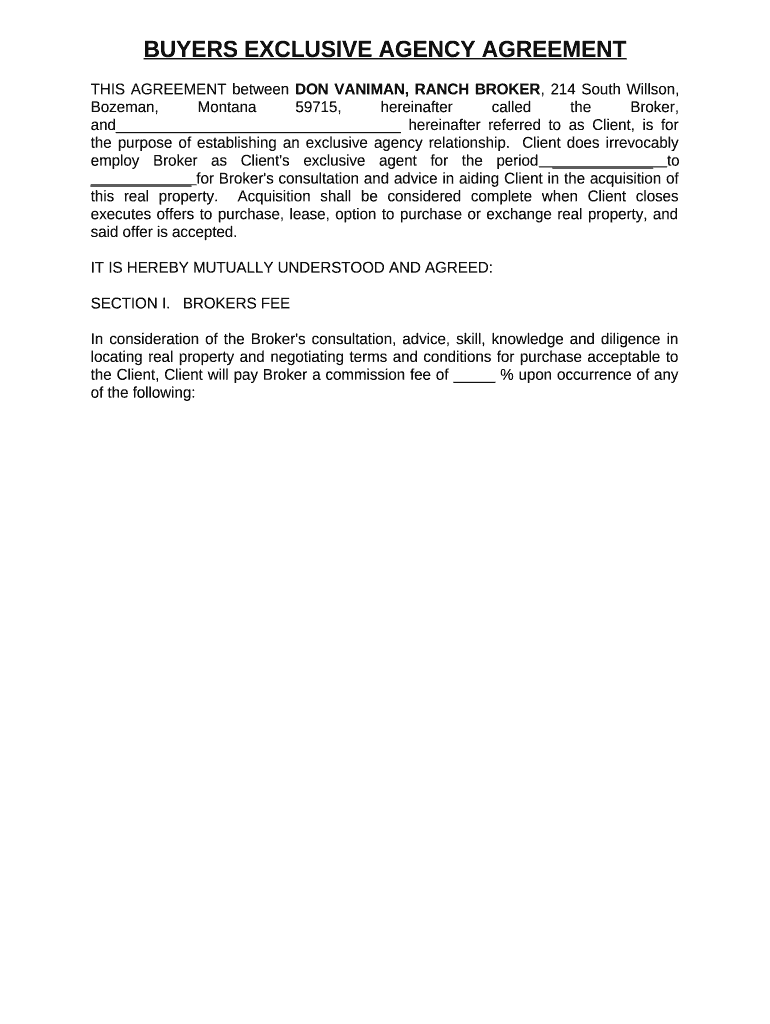 BUYERS EXCLUSIVE AGENCY AGREEMENT Doc Template | pdfFiller