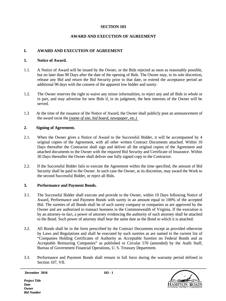 AWARD AND EXECUTION OF AGREEMENT Doc Template | pdfFiller