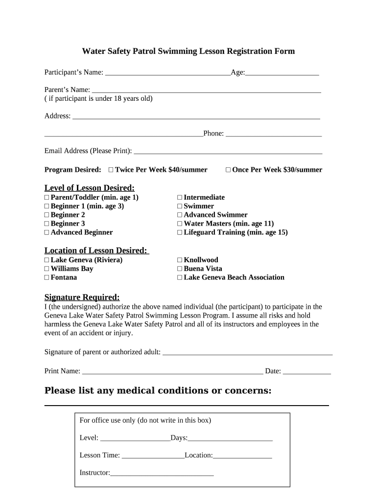 Water Safety Patrol Swimming Lesson Registration Doc Template | pdfFiller