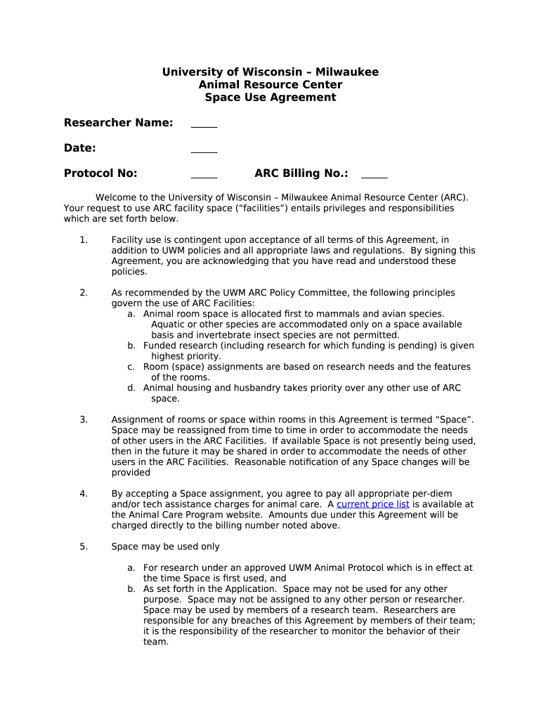 ARC Space Use Agreement - University of Wisconsin Doc Template | pdfFiller