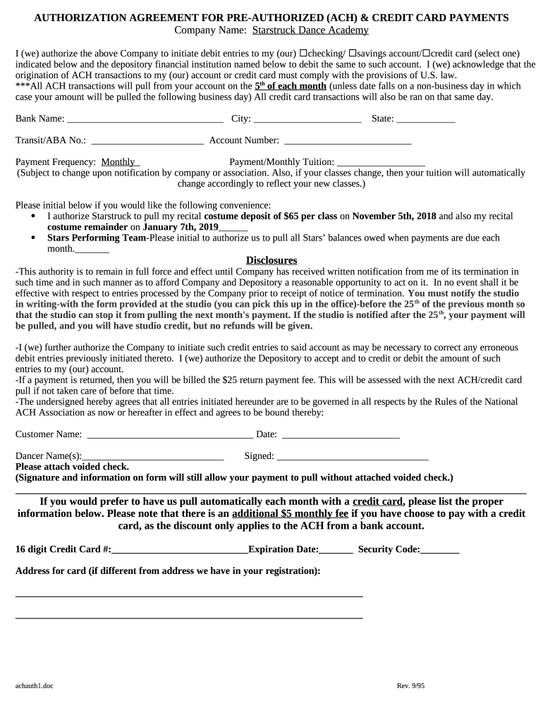 Authorization Agreement for Preauthorized Payments (ACH ... Doc Template | pdfFiller