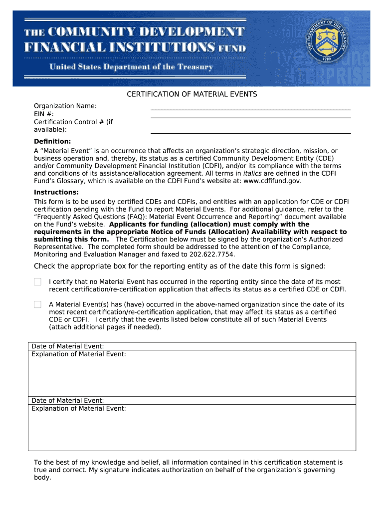 Certification of Materials Events Doc Template | pdfFiller