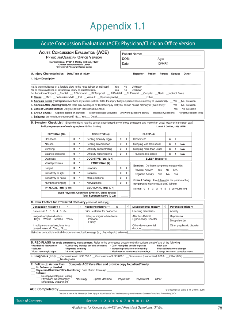 Fillable Online Acute Concussion Evaluation (ACE): Physician/Clinician ...