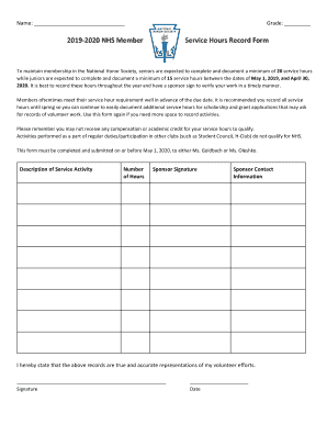 Fillable Online 2019-2020 NHS Member Service Hours Record Form Fax ...