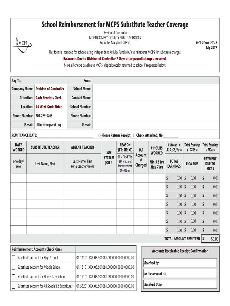 Fillable Online School Reimbursement for MCPS Substitute Teacher ...