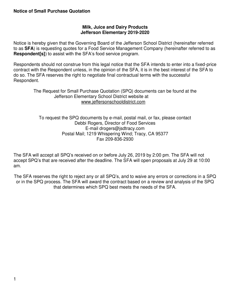 Fillable Online 1 Notice of Small Purchase Quotation Milk, Juice and ...