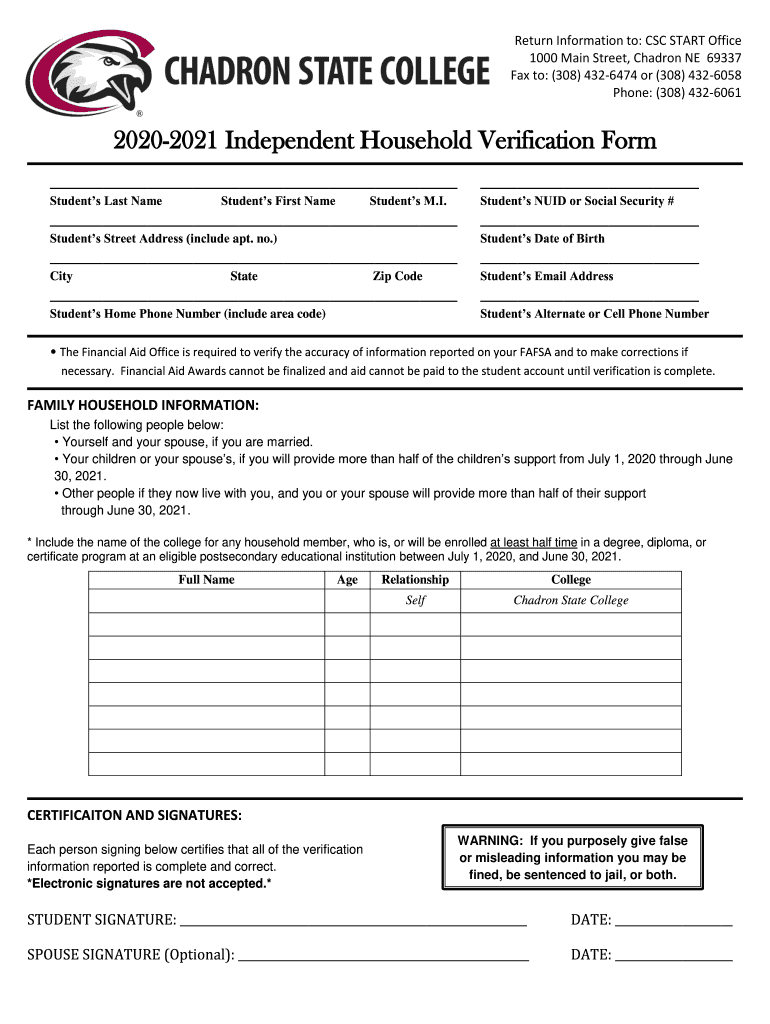 Fillable Online 2020-2021 Independent Household Verification Form Fax ...