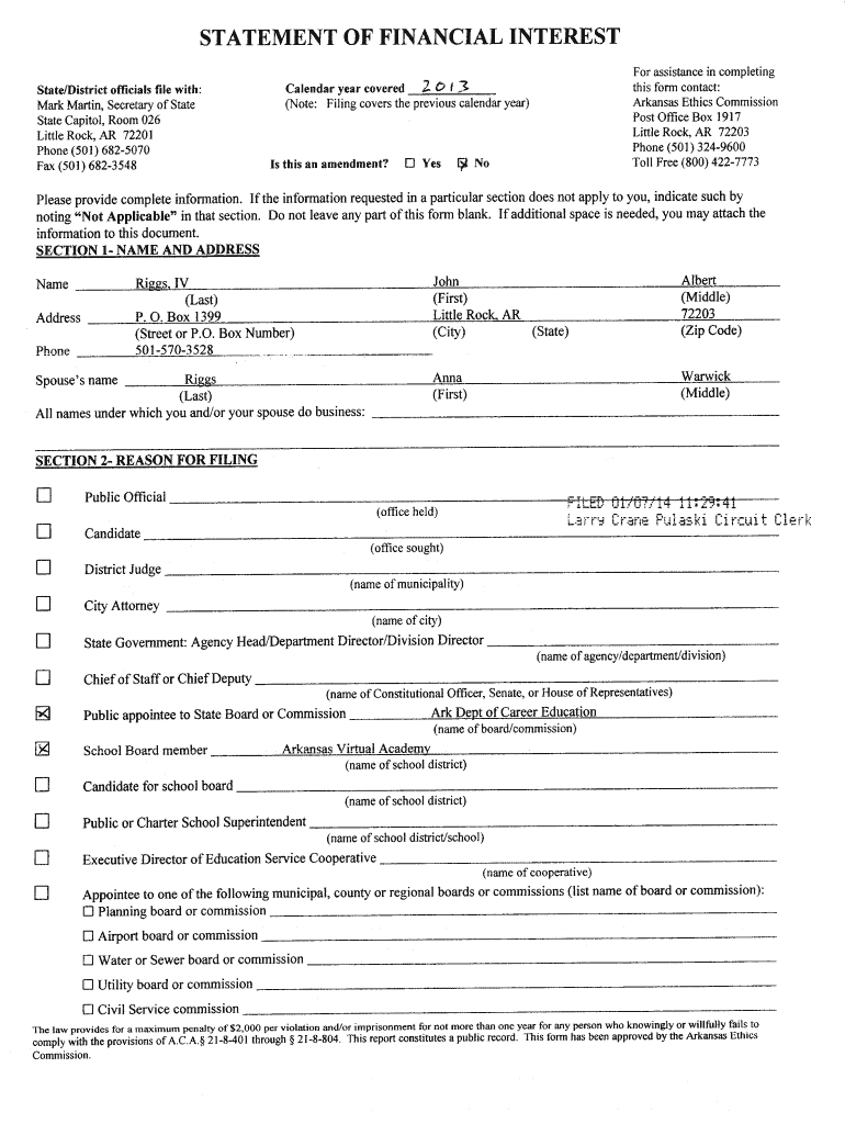 Fillable Online Arkansas Statement Of Financial Interest - Fill Online ...