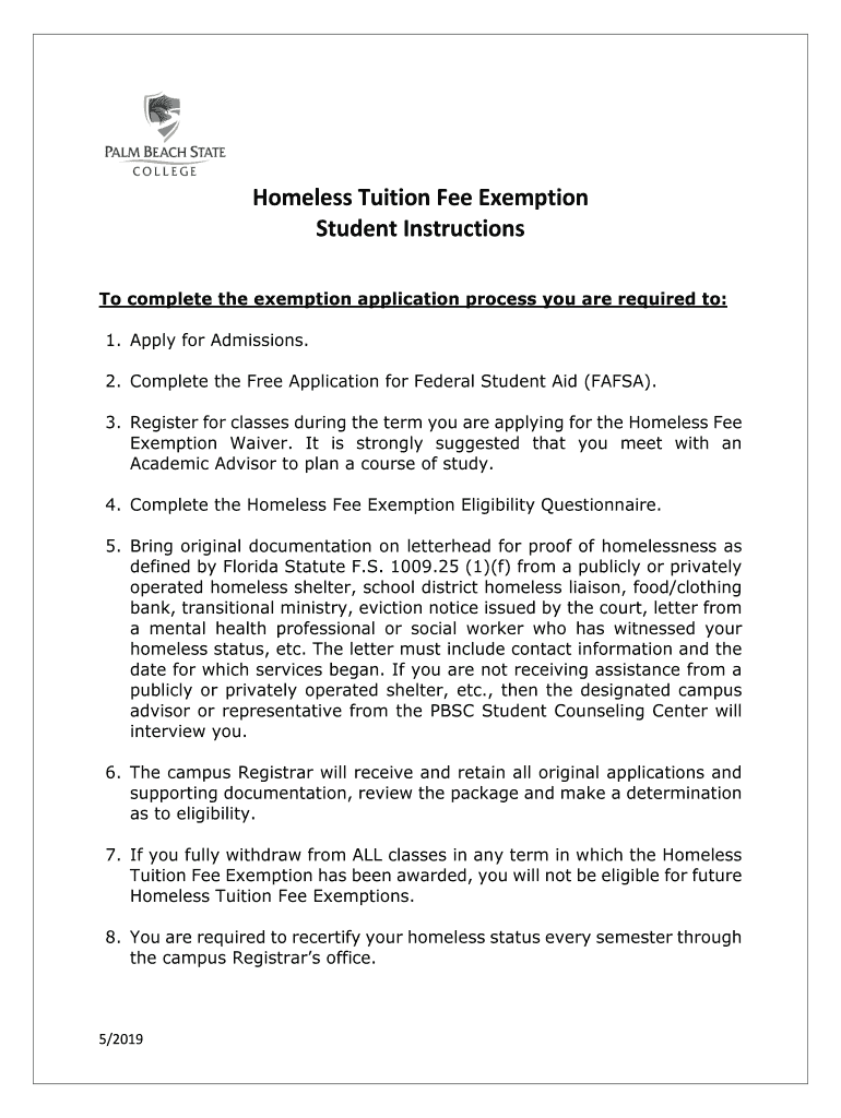 Fillable Online Homeless fee exemptions - Florida Department of Education Fax Email Print ...