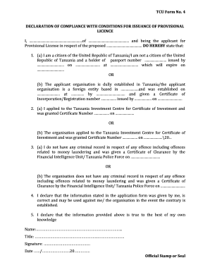 Fillable Online TCU Form No. 4 DECLARATION OF COMPLIANCE WITH ... Fax ...