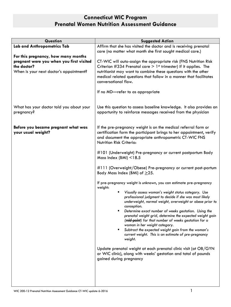 Fillable Online WIC 200-12 Prenatal Nutrition Assessment Guidance ...