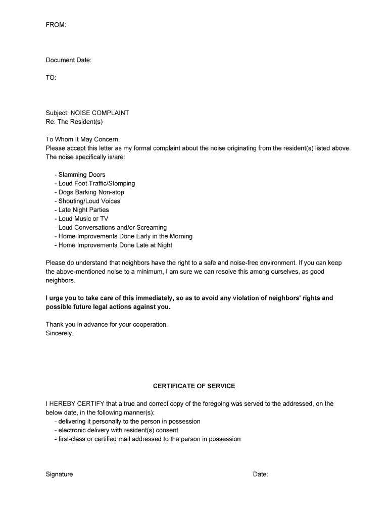 Sample Letter Of Noise Complaint