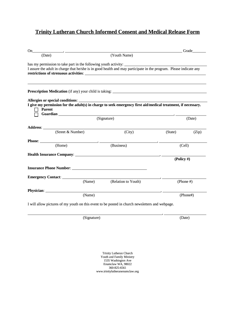 Trinity Lutheran Church Ined Consent and Medical Release Doc Template ...