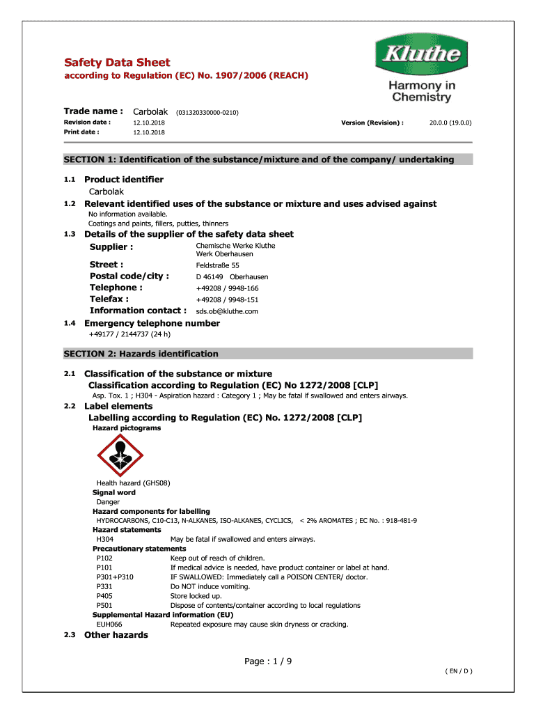 Fillable Online SAFETY DATA SHEET According Regulation REACH) , 2015 ...
