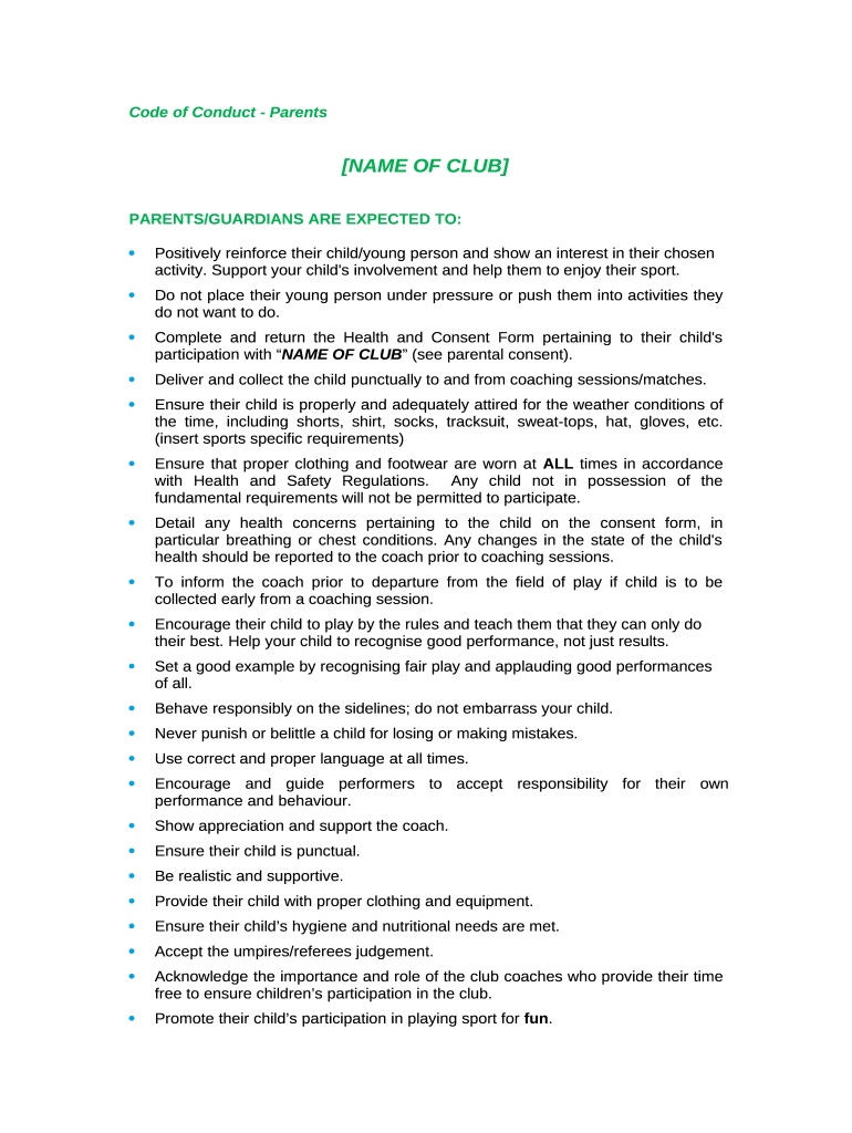 Codes of Conduct Code of conduct for Parents/Guardians Doc Template ...