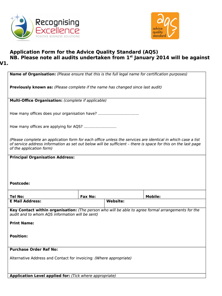 Application for the Advice Quality Standard (AQS) Doc Template | pdfFiller